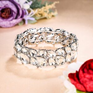 EVER FAITH Women's Wedding Party Jewelry Austrian Crystal 2 Layer Teardrop Stretch Bracelet for Brides Clear Silver-Tone