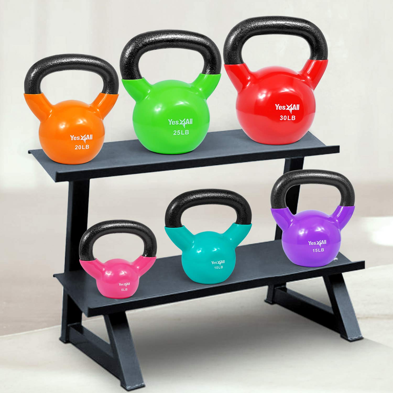 Yes4All Kettlebells 5 10 15 20 25 30 lbs Set Weight Vinyl Coated Cast Iron for Dumbbell Weights Exercises, Gym, Fitness, Full Body Workout Equipment Push up, Grip and Strength Training, Multicolor