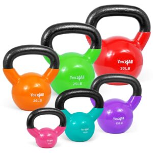 yes4all kettlebells 5 10 15 20 25 30 lbs set weight vinyl coated cast iron for dumbbell weights exercises, gym, fitness, full body workout equipment push up, grip and strength training, multicolor