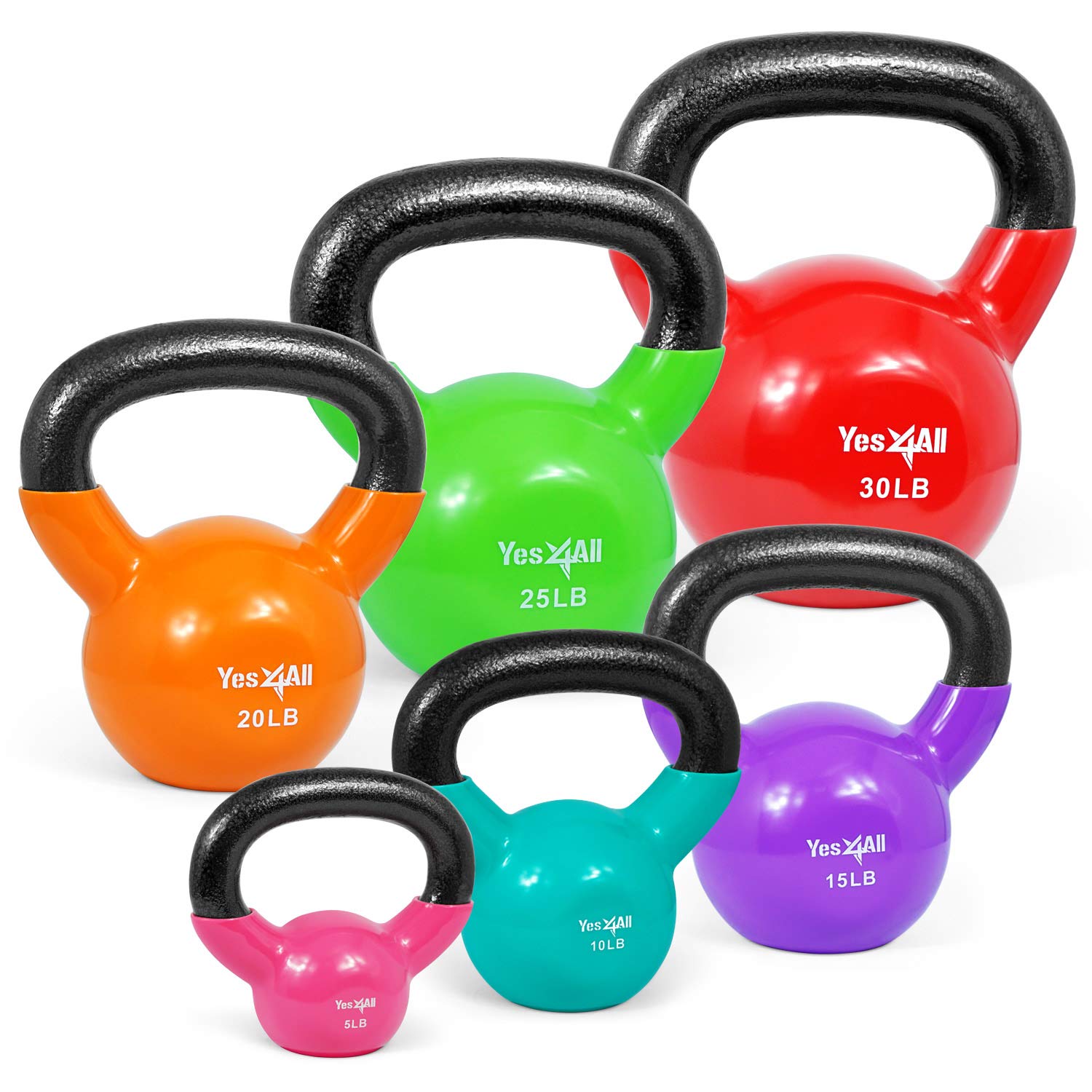 Yes4All Kettlebells 5 10 15 20 25 30 lbs Set Weight Vinyl Coated Cast Iron for Dumbbell Weights Exercises, Gym, Fitness, Full Body Workout Equipment Push up, Grip and Strength Training, Multicolor