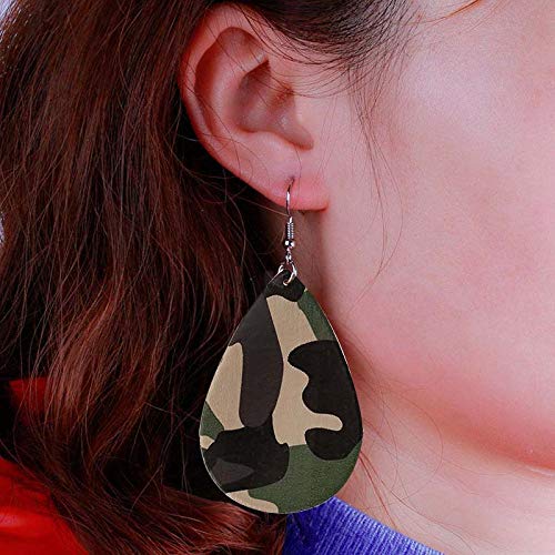 Camo Earrings for Women,Camouflage Leather Teardrop Dangle Earrings Cool Lightweight Leather Drop Earrings (A)