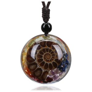 jovivi 7 chakra gemstone reki healing crystal necklace round circle shape ammonite fossil chip stones resin pendant necklace for women men jewelry christmas gifts