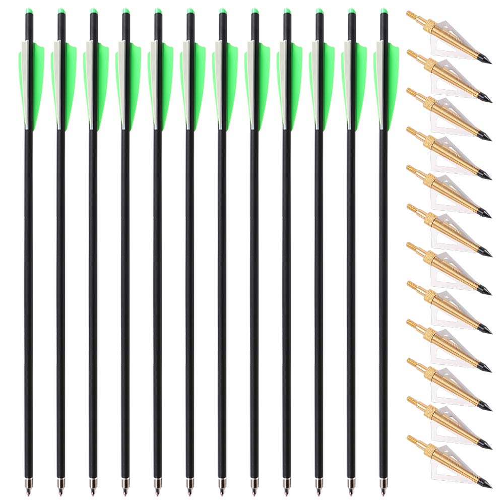 TOPARCHERY 12pcs 20inch Carbon Crossbow Arrows Crossbow Bolts with 4inch Vanes and 12pcs 3 Blades Archery Broadheads 125 Grain Screw-in Arrow Heads Arrow Tips (with Gold Color Tips)