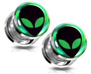 pierced owl 316l stainless steel alien hologram screw fit plugs, sold as a pair (10mm (00ga))