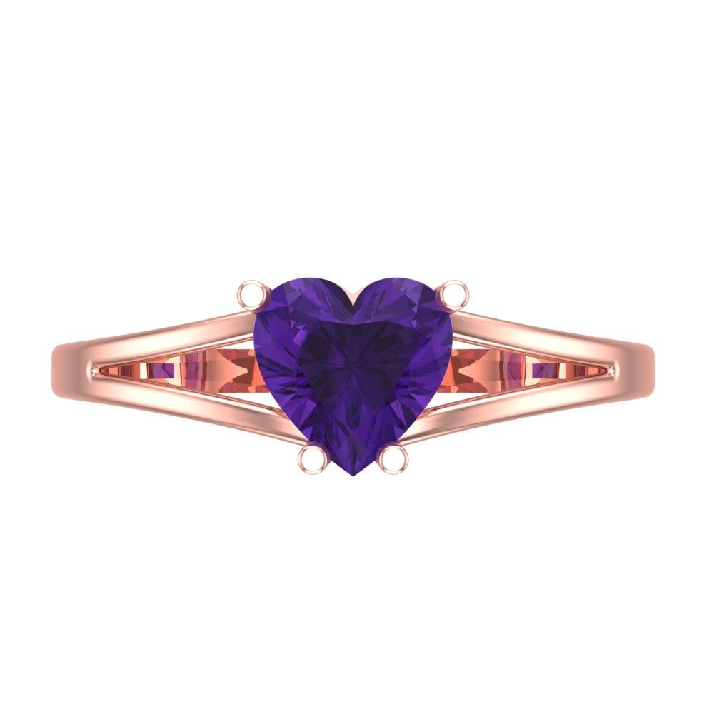 Clara Pucci 1.45ct Heart Cut Solitaire split shank Natural Amethyst 4-Prong Classic Statement Ring 14k Rose Gold for Women Size 9.75