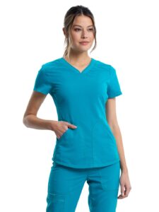 cherokee women's v neck scrubs top with shirttail hem ww601, xxs, teal blue