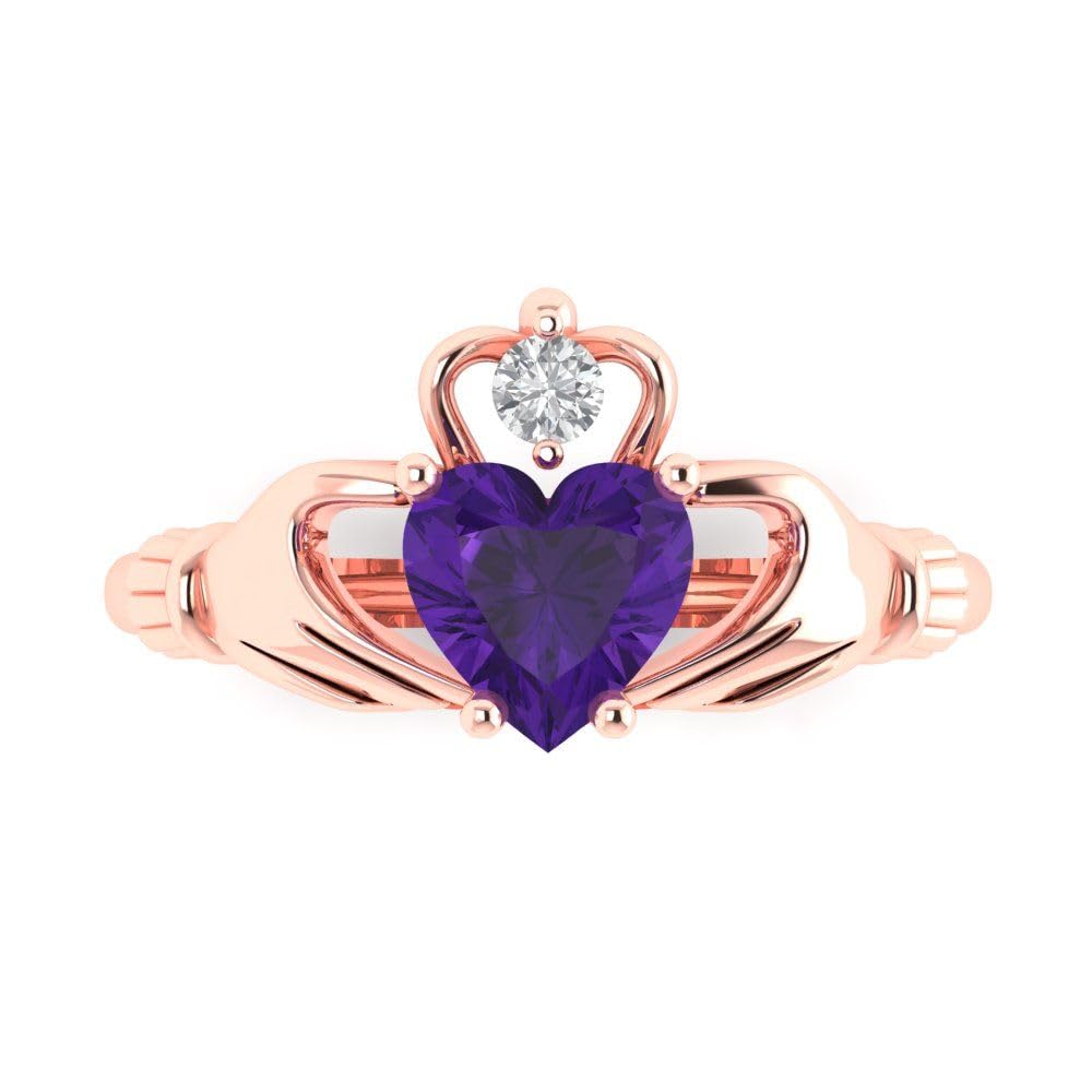 Clara Pucci 1.49ct Heart Cut Irish Celtic Claddagh Solitaire Amethyst Designer Wedding Bridal art deco Anniversary Ring 14k Rose Gold