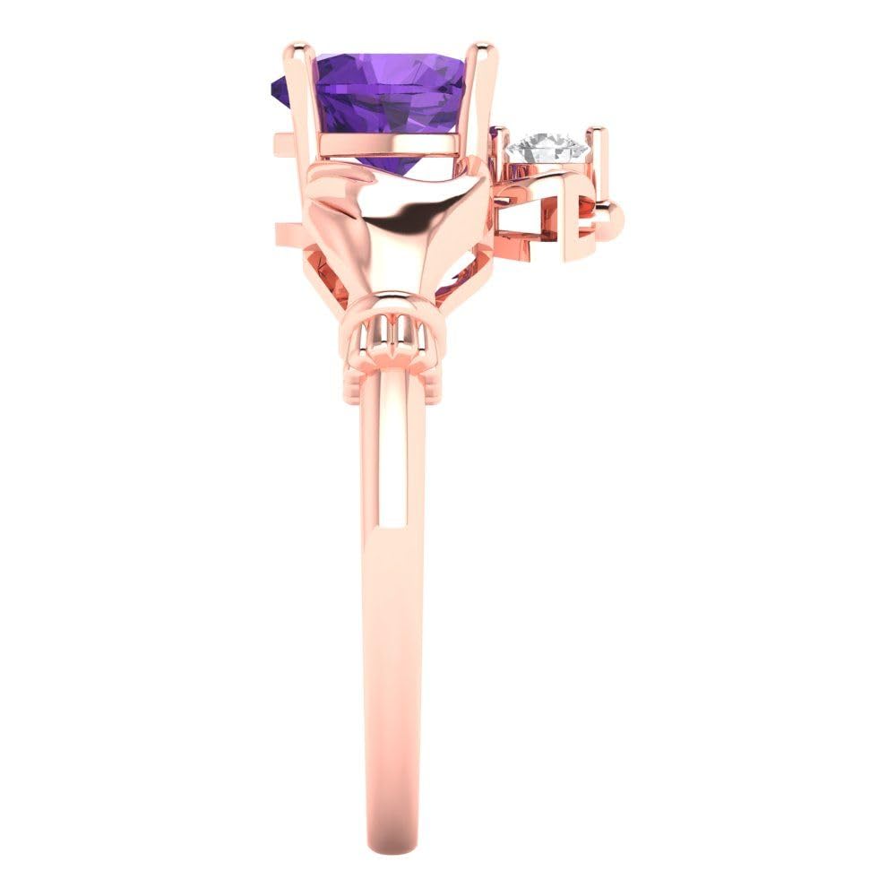 Clara Pucci 1.49ct Heart Cut Irish Celtic Claddagh Solitaire Amethyst Designer Wedding Bridal art deco Anniversary Ring 14k Rose Gold