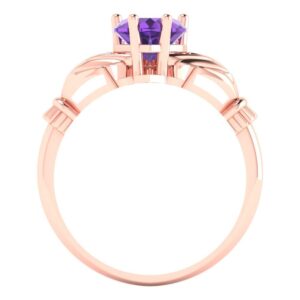 Clara Pucci 1.49ct Heart Cut Irish Celtic Claddagh Solitaire Amethyst Designer Wedding Bridal art deco Anniversary Ring 14k Rose Gold