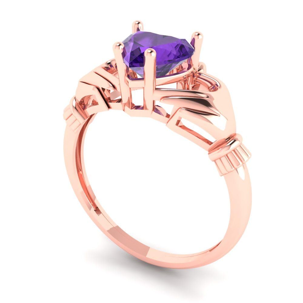 Clara Pucci 1.49ct Heart Cut Irish Celtic Claddagh Solitaire Amethyst Designer Wedding Bridal art deco Anniversary Ring 14k Rose Gold