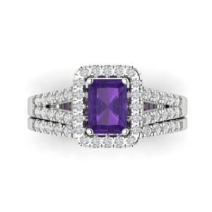 clara pucci 1.54 carat emerald cut halo solitaire natural amethyst engagement wedding anniversary bridal ring band set 14k white gold 8.5