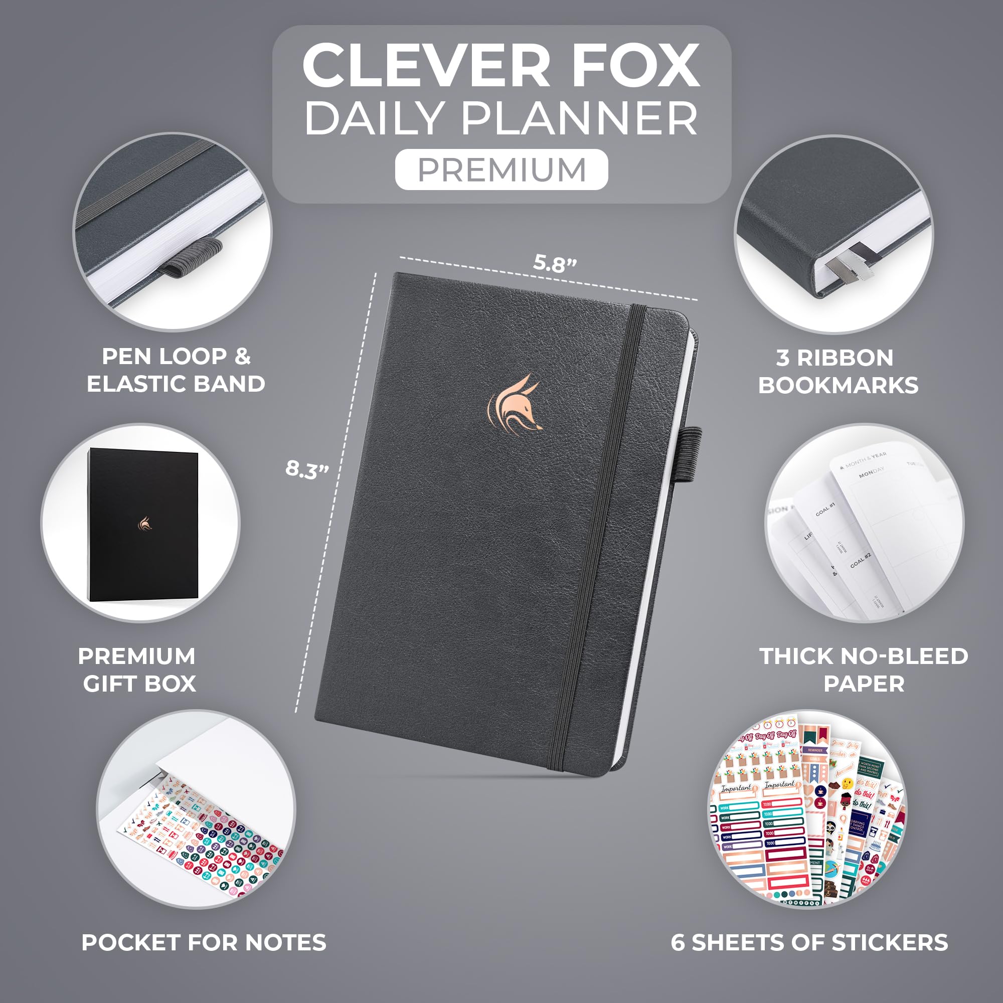 Clever Fox Planner Daily Premium – Undated Daily Planner with Hourly Schedule, Personal Organizer, Productivity Journal, 6 Months (Silver Black)