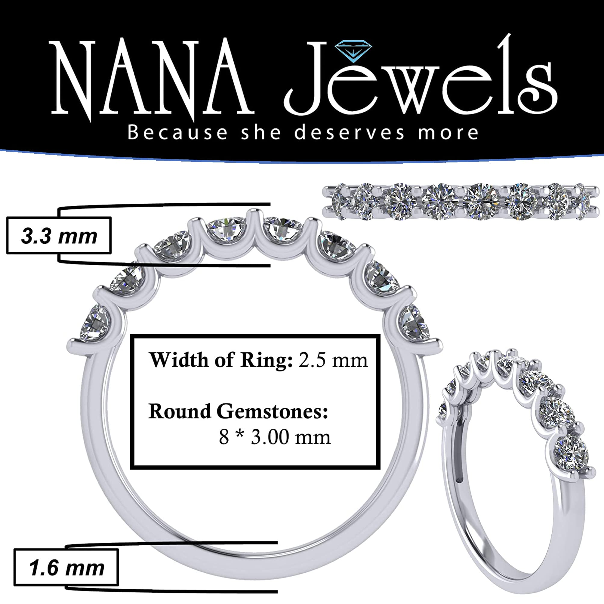 NANA Jewels Womens Pure Brilliance Zirconia Simulated Diamond Band Ring, Rhodium Plated Sterling Silver, Size 7