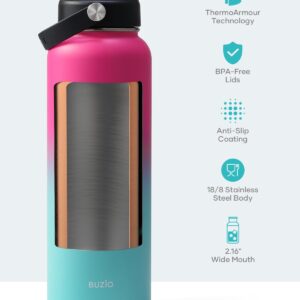 BUZIO Stainless Steel Water Bottle, 40oz Vacuum Insulated Double Wall Leak Proof Sports Water Bottle with Straw Lid and Flex Cap for Gym Travel Camping, Rose and Green