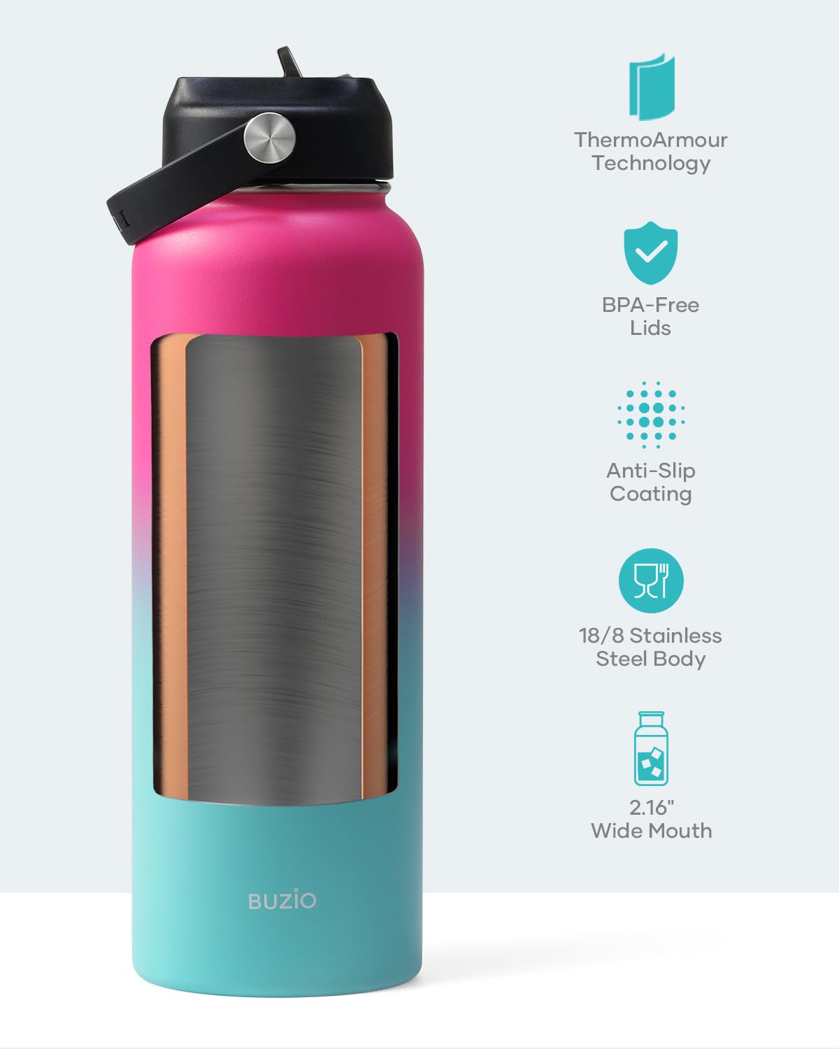 BUZIO Stainless Steel Water Bottle, 40oz Vacuum Insulated Double Wall Leak Proof Sports Water Bottle with Straw Lid and Flex Cap for Gym Travel Camping, Rose and Green