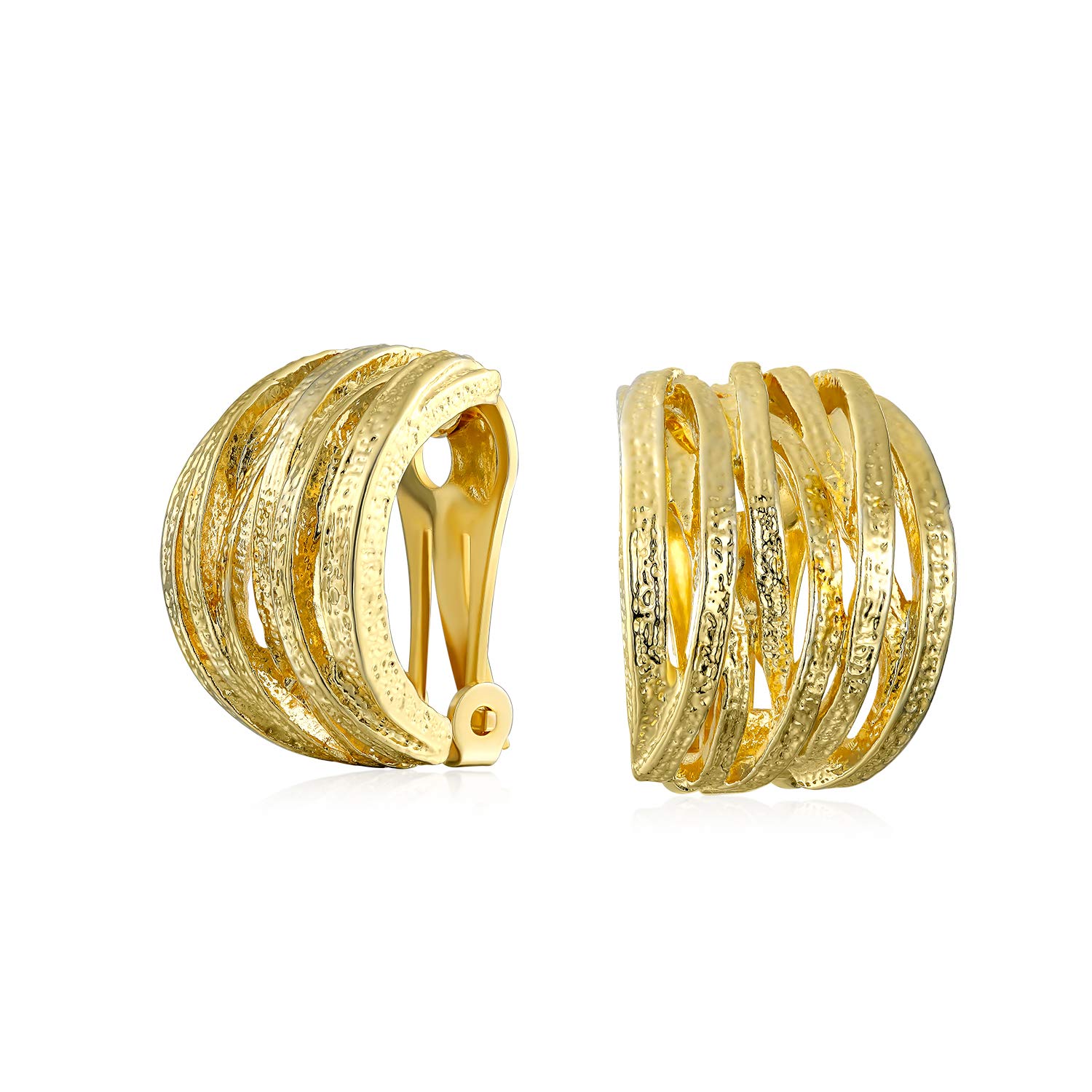 Fashion Open Criss Cross Basket Weave Wide Half Hoop Clip On Earrings For Women Non Pierced Ears Matte Gold Plated