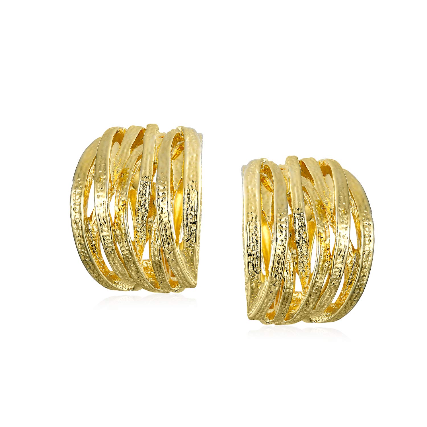 Fashion Open Criss Cross Basket Weave Wide Half Hoop Clip On Earrings For Women Non Pierced Ears Matte Gold Plated