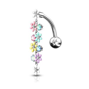 pierced owl dangling flowers with opalite crystals top down belly button ring in 316l stainless steel (silver tone)