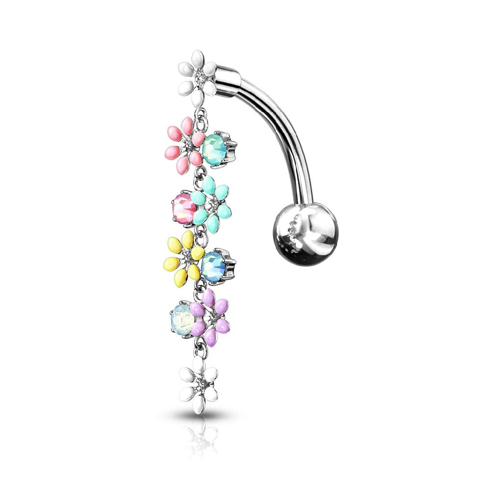 Pierced Owl Dangling Flowers with Opalite Crystals Top Down Belly Button Ring in 316L Stainless Steel (Silver Tone)