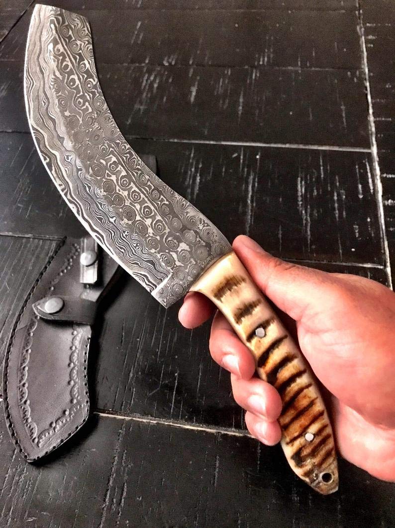 Damascus Knife 11.5" Tactical Knife 100% Hand Forged Full Tang Hunting Knife with Ram Horn Handle Perfect for Camping, Hunting, Indoor, Outdoor Activities