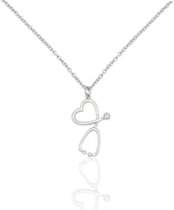 quinnlyn & co. stethoscope heart pendant necklace, virtual thanksgiving gifts for nurses and caregivers, nurse necklaces for women with greeting card adjustable chain 16" to 18" silver tone