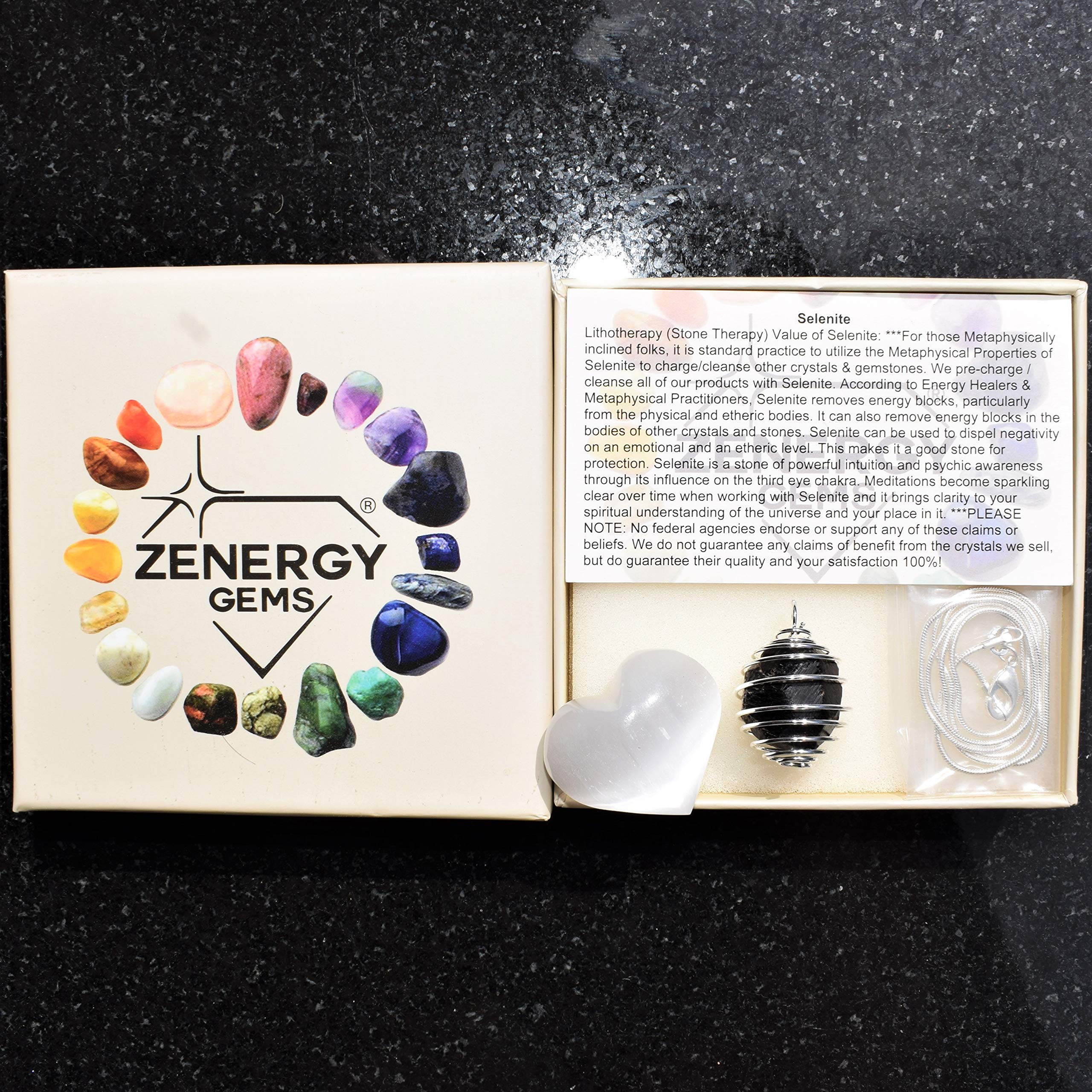 Zenergy Gems Charged Natural Almandine Garnet Hexoctahedral Crystal Pendant + 20" Silver Plated Chain + Selenite Charging Heart [Included]