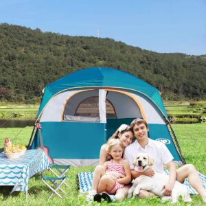 UNP Tents for Camping 6 Person Waterproof Windproof Easy Setup,Double Layer Cabin Tents with 1 Mesh Door & 5 Large Mesh Windows -10'X9'X78in(H) Blue