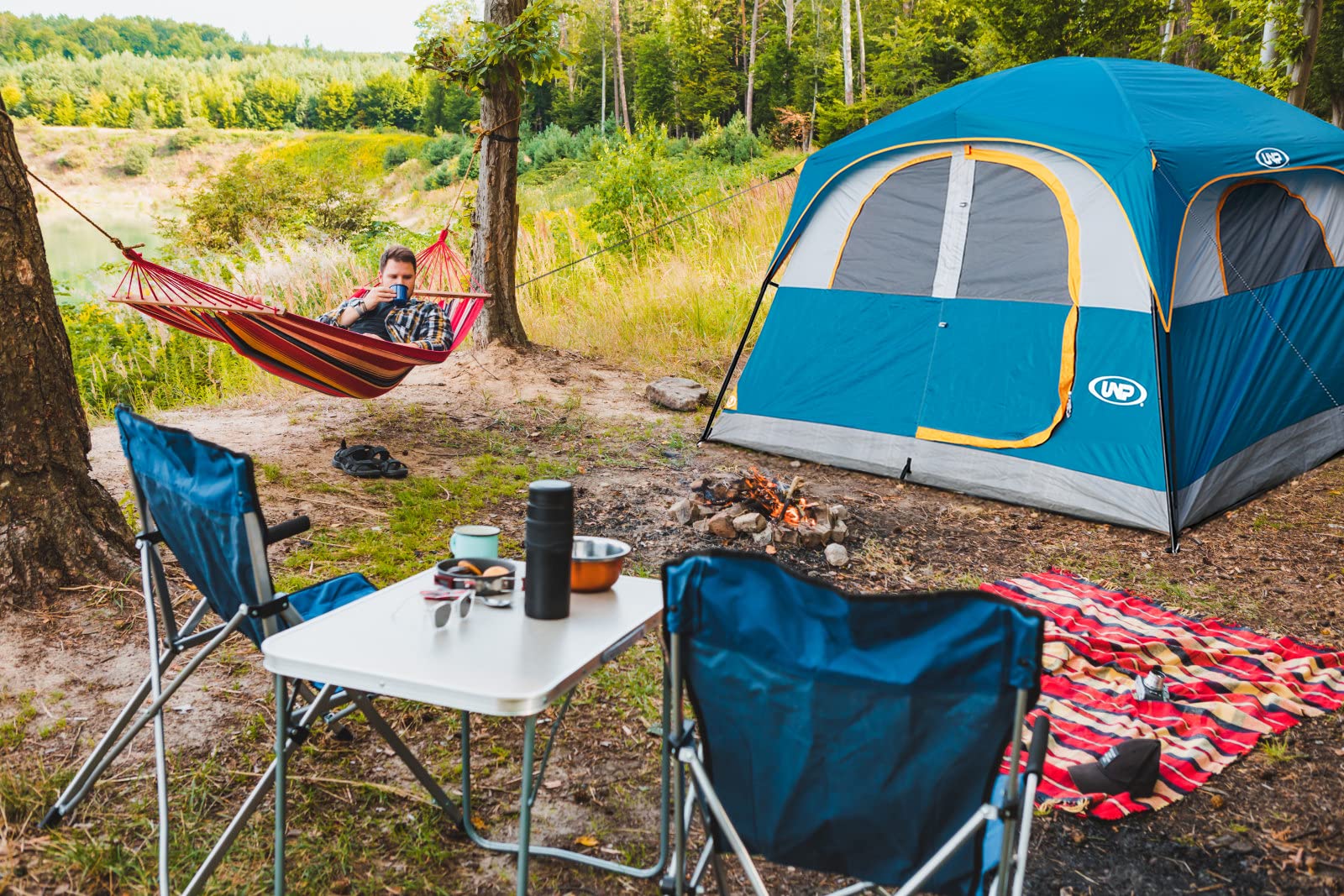 UNP Tents for Camping 6 Person Waterproof Windproof Easy Setup,Double Layer Cabin Tents with 1 Mesh Door & 5 Large Mesh Windows -10'X9'X78in(H) Blue