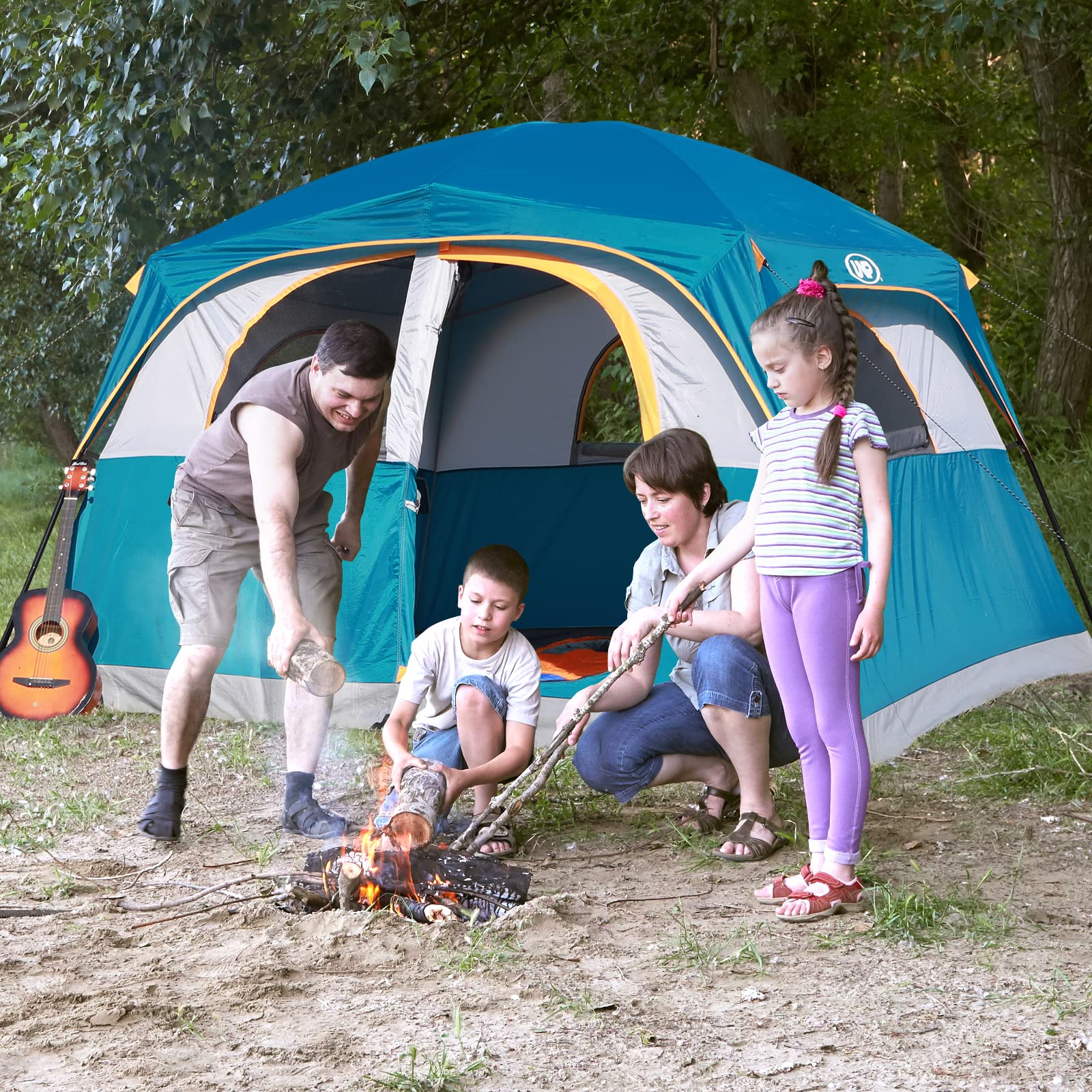 UNP Tents for Camping 6 Person Waterproof Windproof Easy Setup,Double Layer Cabin Tents with 1 Mesh Door & 5 Large Mesh Windows -10'X9'X78in(H) Blue