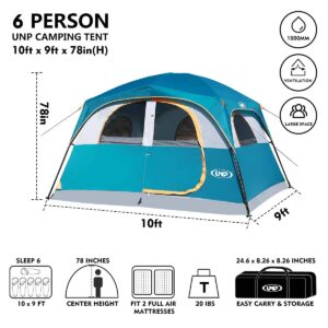 UNP Tents for Camping 6 Person Waterproof Windproof Easy Setup,Double Layer Cabin Tents with 1 Mesh Door & 5 Large Mesh Windows -10'X9'X78in(H) Blue