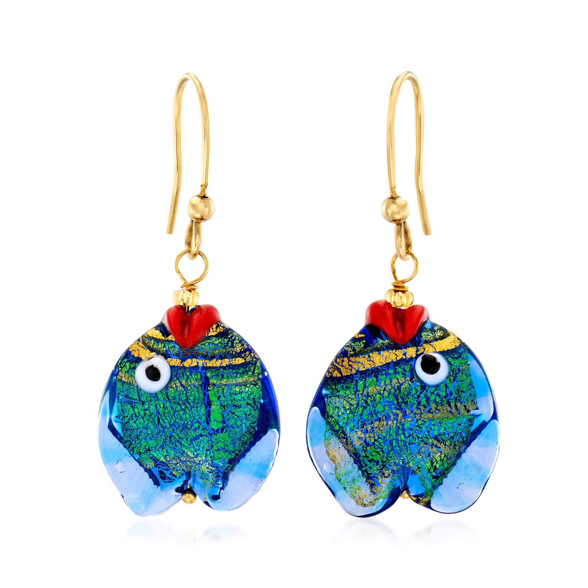 Ross-Simons Italian Blue and Green Murano Glass Fish Drop Earrings With 18kt Gold Over Sterling