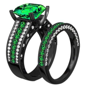 bridal sets luxury black gold plated womens wedding ring sets princess cut 8mm green cz engagement ring sets