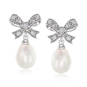 ross-simons 8-9mm cultured pearl and .30 ct. t.w. white topaz bow drop earrings in sterling silver