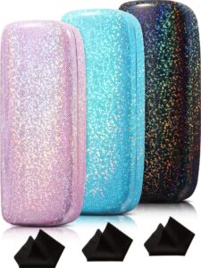 3 pieces hard shell sunglasses case dazzling glitter glasses case smooth sunglasses case with eyeglass cloth