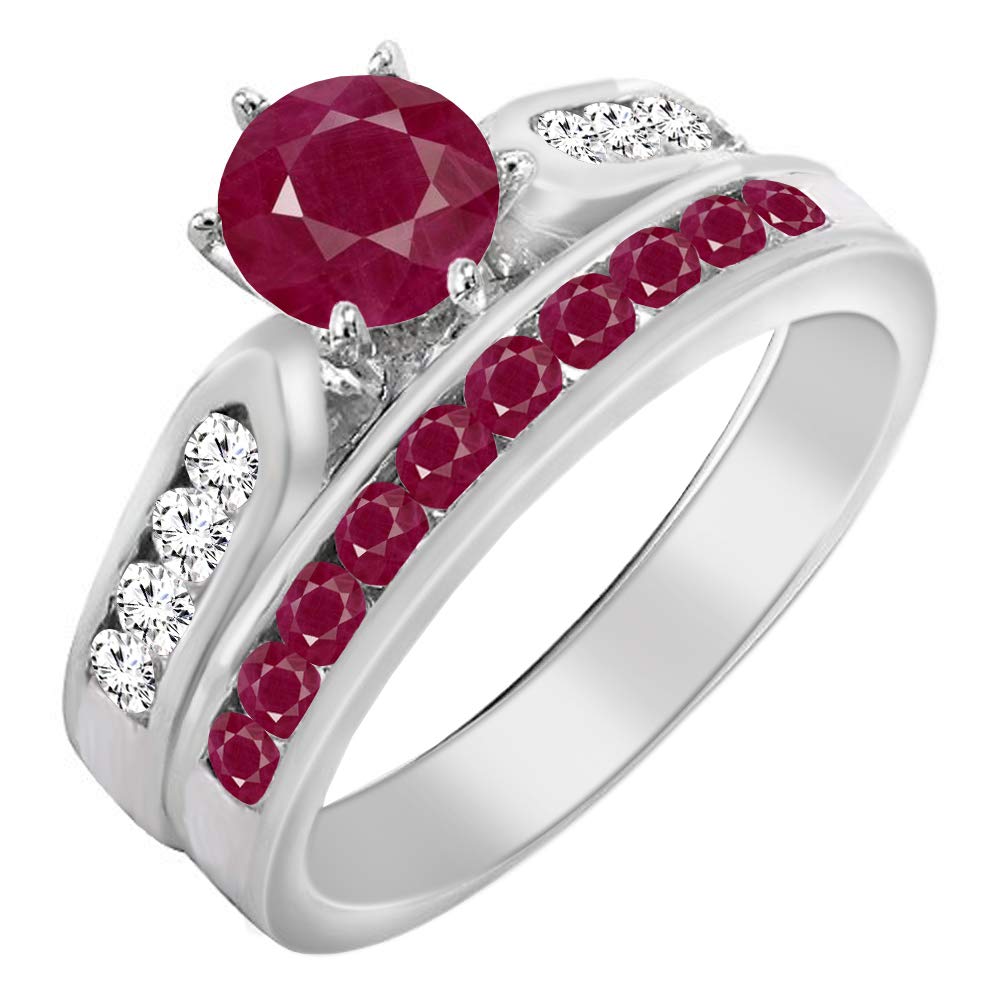 Dazzlingrock Collection Round Ruby and White Diamond Ladies Wedding Stackable Band Engagement Ring Set, 10K White Gold, Size 5