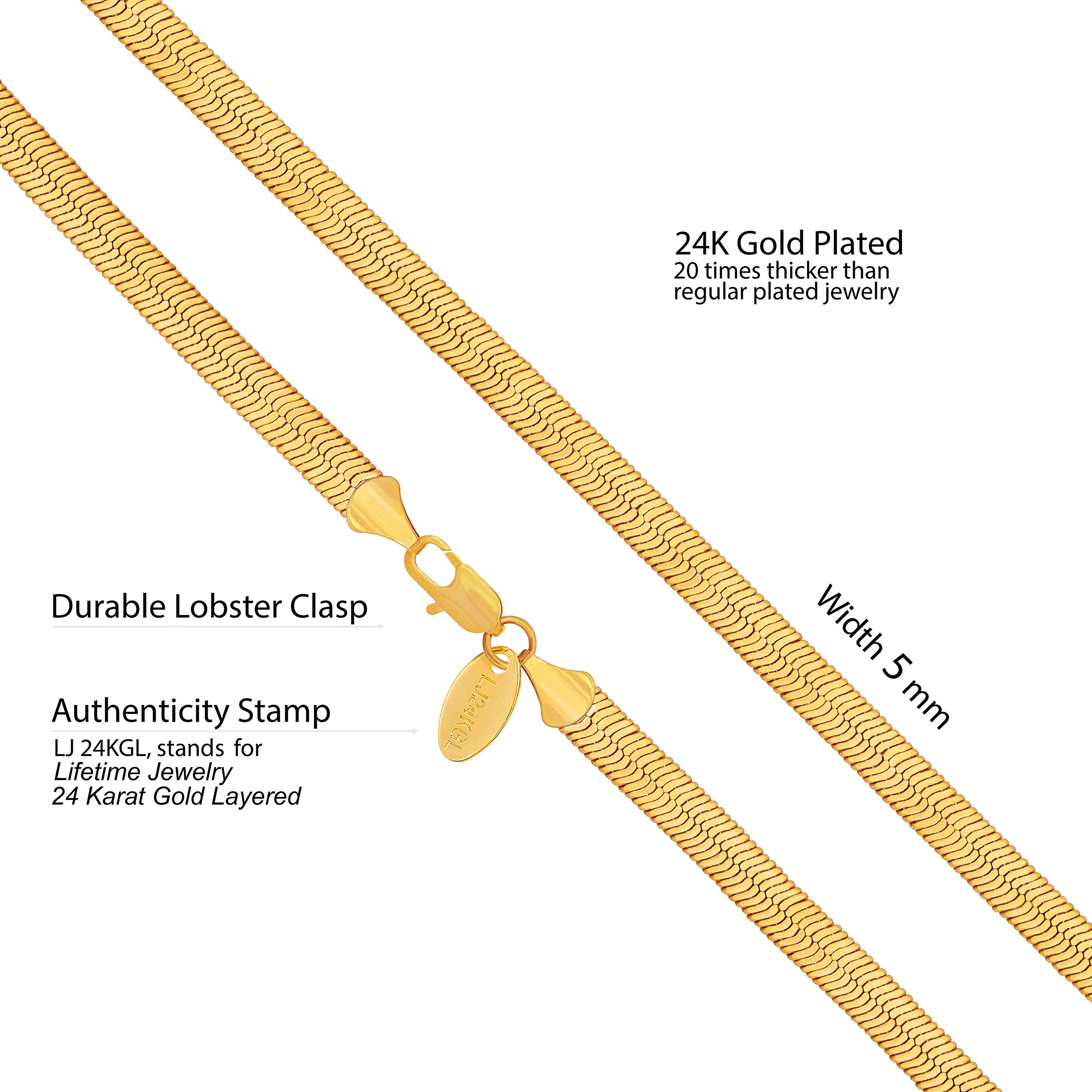 LIFETIME JEWELRY 5mm Flexible Herringbone Chain Necklace 24k Real Gold Plated (18 inches, Gold)