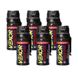 vexor pepper spray full axis with belt clip for self defense — 6 pack, maximum police strength, 20-foot range, full axis (360°) capability, flip top safety for quick and accurate aim and protection