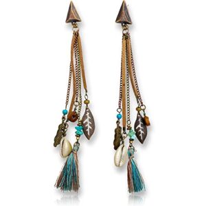 women's bohemian leather tassel long drop earrings stone charms