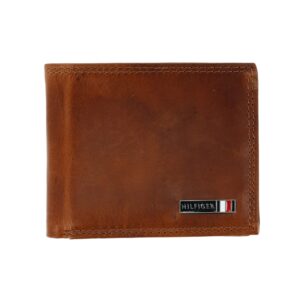 tommy hilfiger men's leather edisto rfid slim bifold wallet, tan