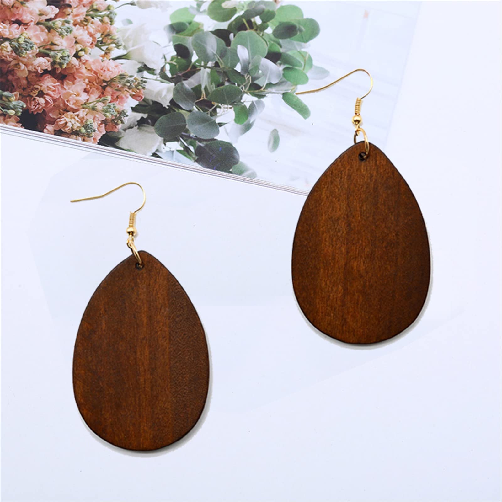 SMALLLOVE Wooden Hoop Earrings for Women Retro Black African Bohemian Wood Teardrop Geometric Lightweight Dangle Drop Earrings (Dark Brown)