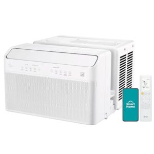 midea 10,000 btu u-shaped smart inverter window air conditioner–cools up to 450 sq. ft., ultra quiet with open window flexibility, works with alexa/google assistant, 35% energy savings, remote control