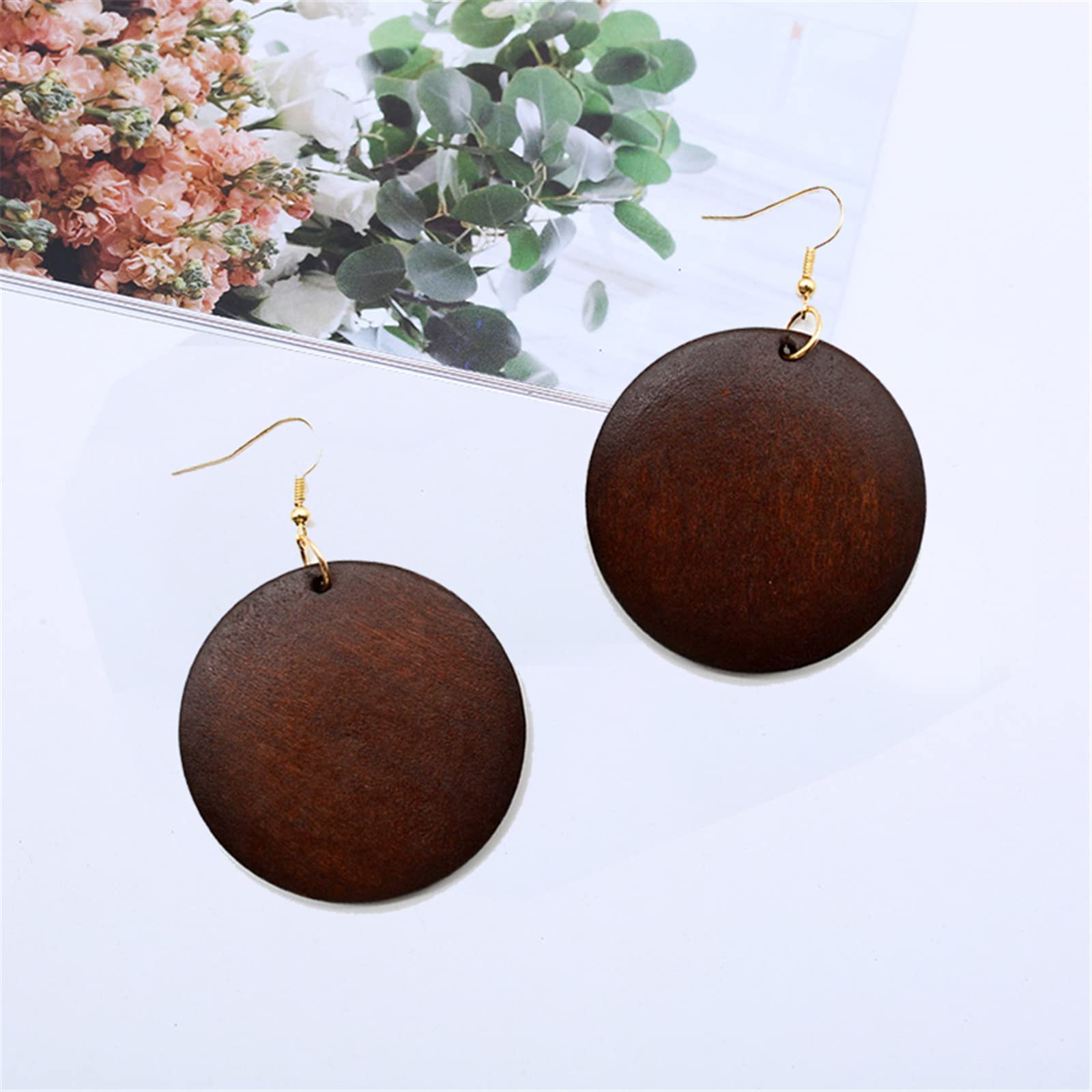 SMALLLOVE Wooden Earrings for Women Vintage African Bohemian Ethnic Wood Big Round Circle Geometric Lightweight Dangle Drop Hook Earrings (Dark brown)