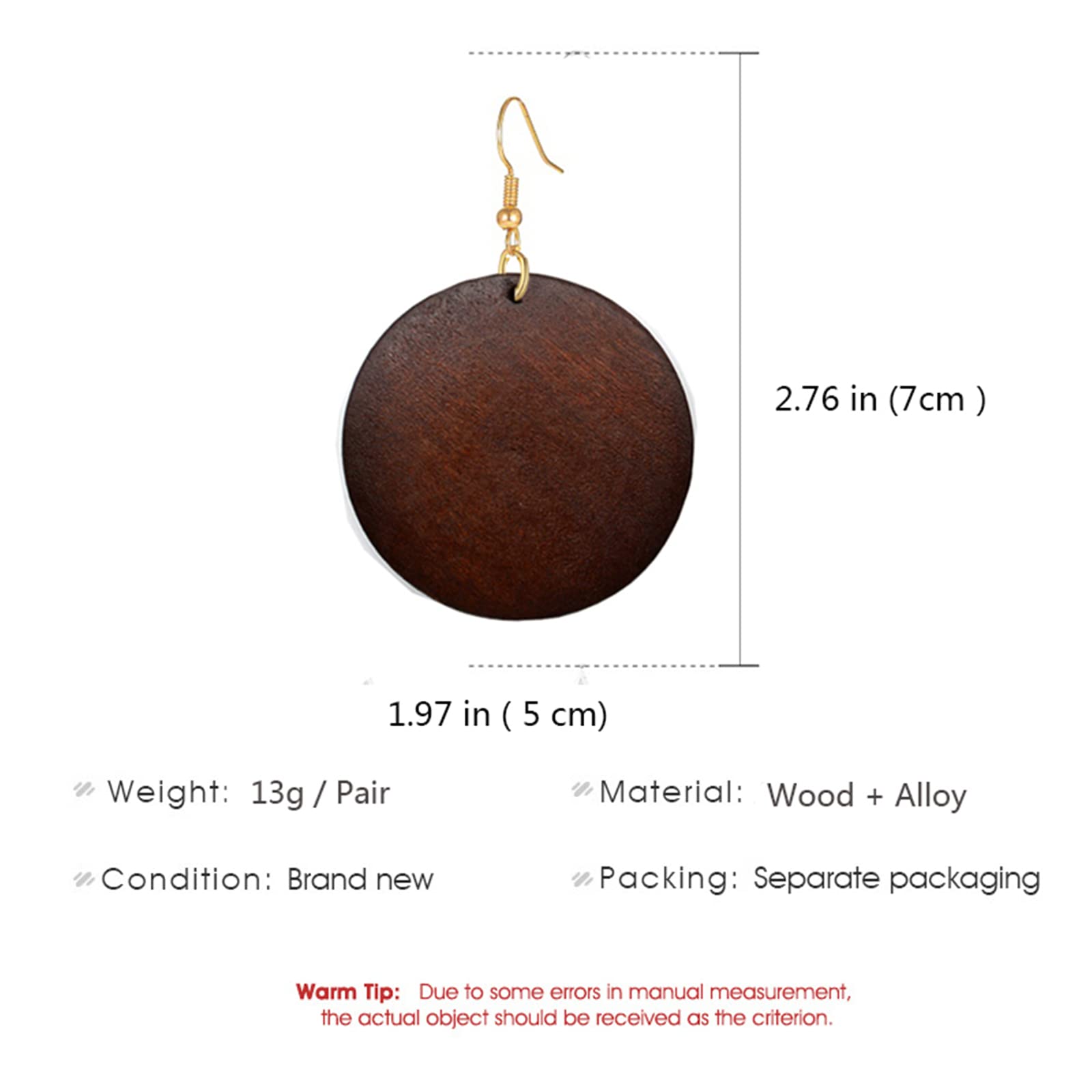 SMALLLOVE Wooden Earrings for Women Vintage African Bohemian Ethnic Wood Big Round Circle Geometric Lightweight Dangle Drop Hook Earrings (Dark brown)