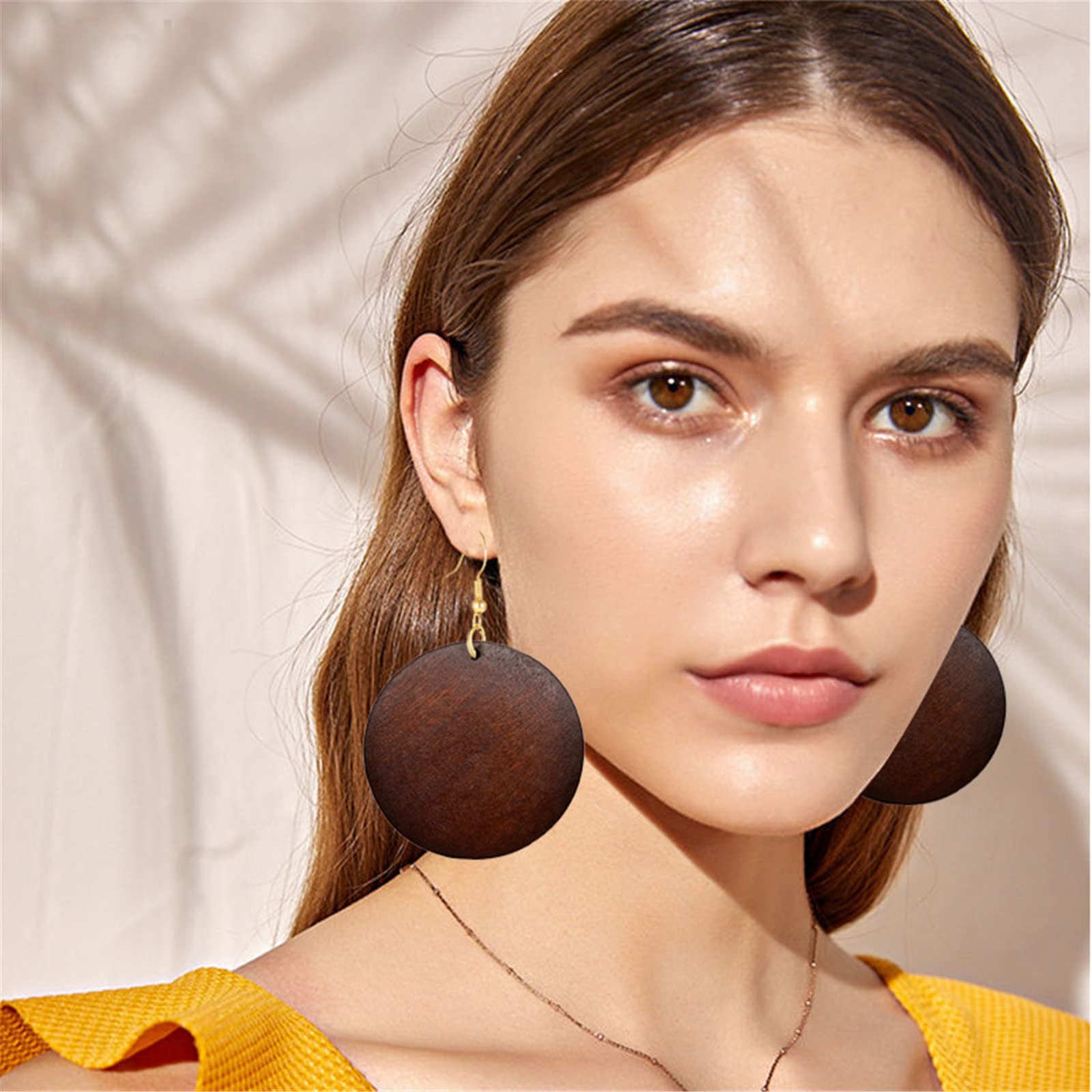 SMALLLOVE Wooden Earrings for Women Vintage African Bohemian Ethnic Wood Big Round Circle Geometric Lightweight Dangle Drop Hook Earrings (Dark brown)