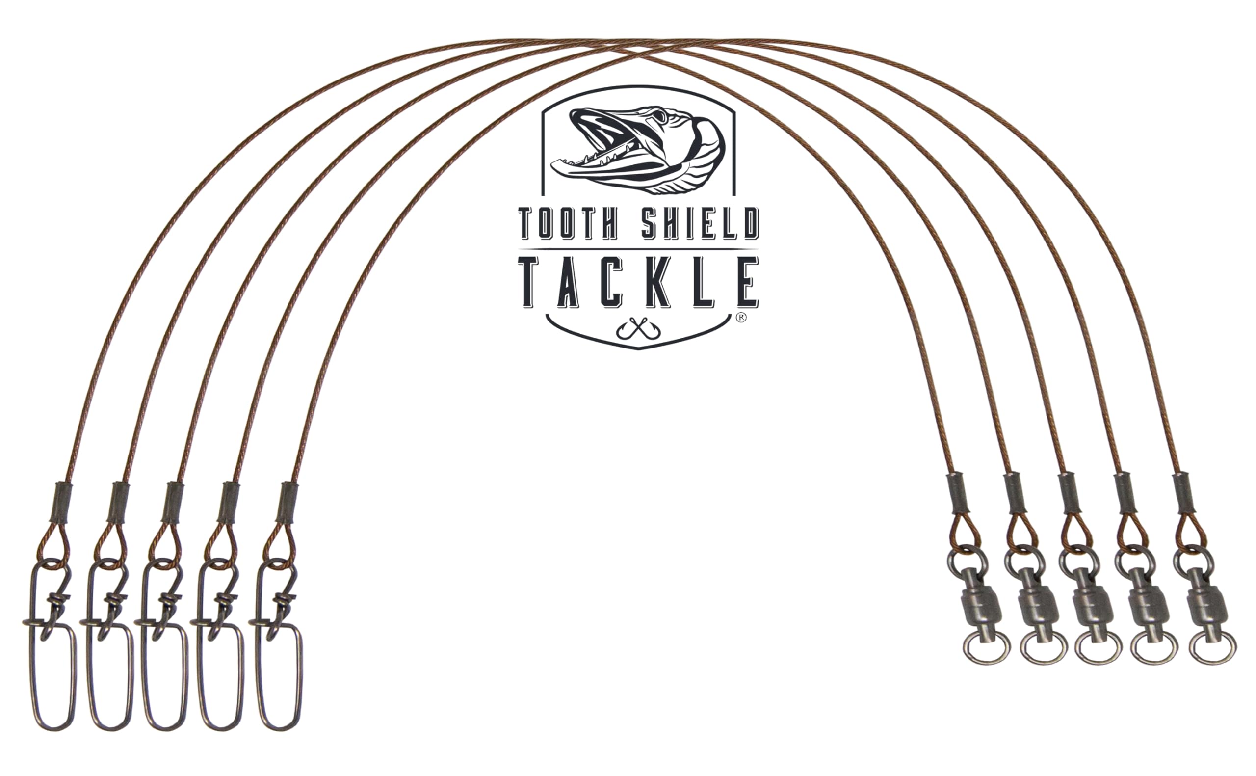 Tooth Shield Tackle 5 Pack 90 lb 12" Premium 49 Strand Wire Musky Leaders Muskie Pike Leader Ball Bearing Swivel Stay-Lok Snap