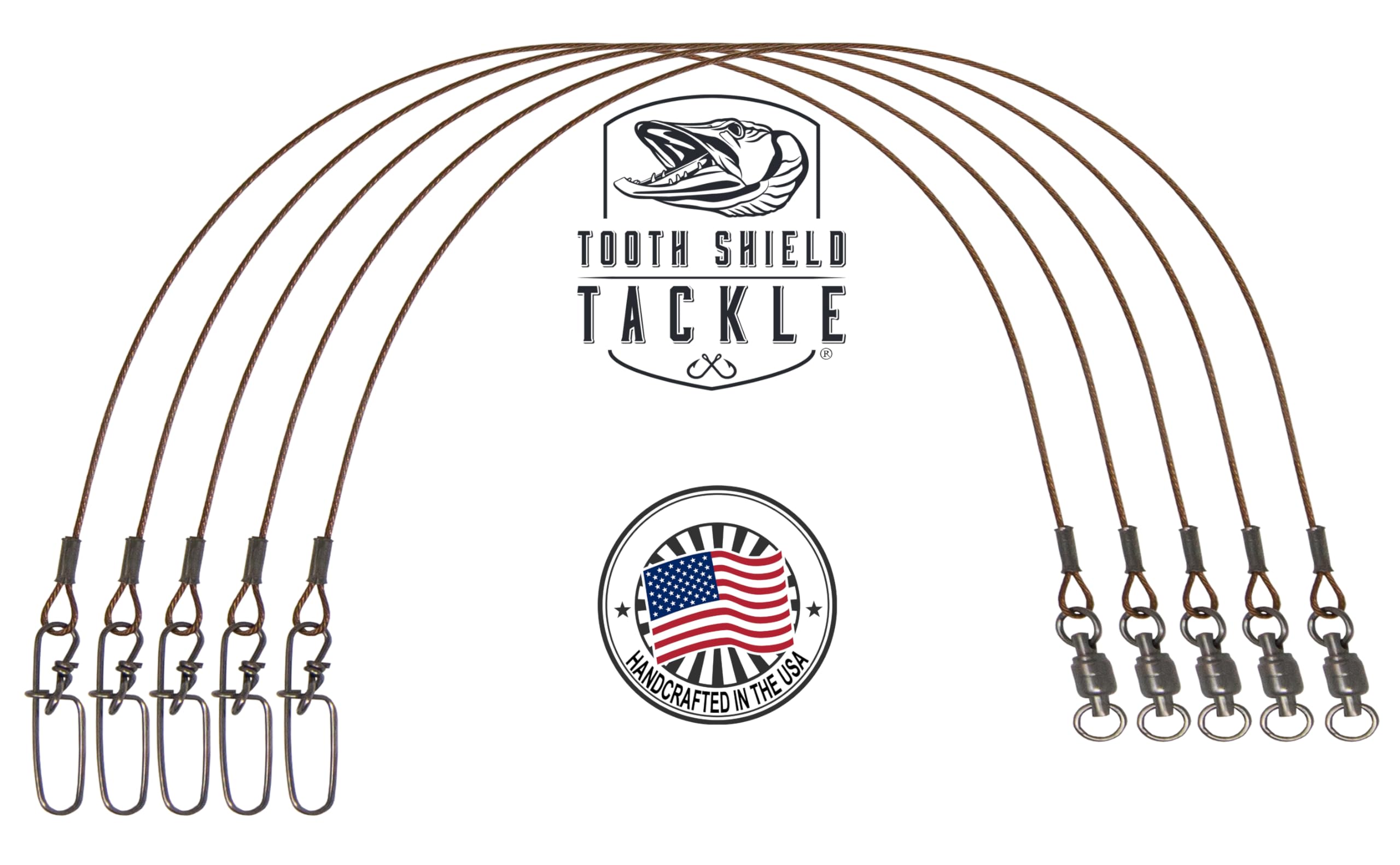 Tooth Shield Tackle 5 Pack 90 lb 12" Premium 49 Strand Wire Musky Leaders Muskie Pike Leader Ball Bearing Swivel Stay-Lok Snap