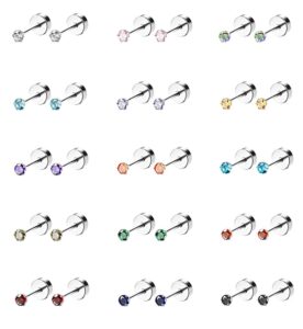 masedy 15 pairs 20g 316l stainless steel cz stud earrings for women men cartilage screwback earring set 2mm