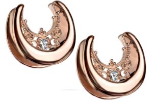 pierced owl rose gold tone floral filigree crystal center saddle spreader ear gauges in 316l stainless steel, sold as a pair (10mm (00ga))