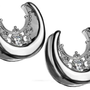 Pierced Owl Silver Tone Floral Filigree Crystal Center Saddle Spreader Ear Gauges in 316L Stainless Steel, Sold as A Pair (12mm (1/2"))