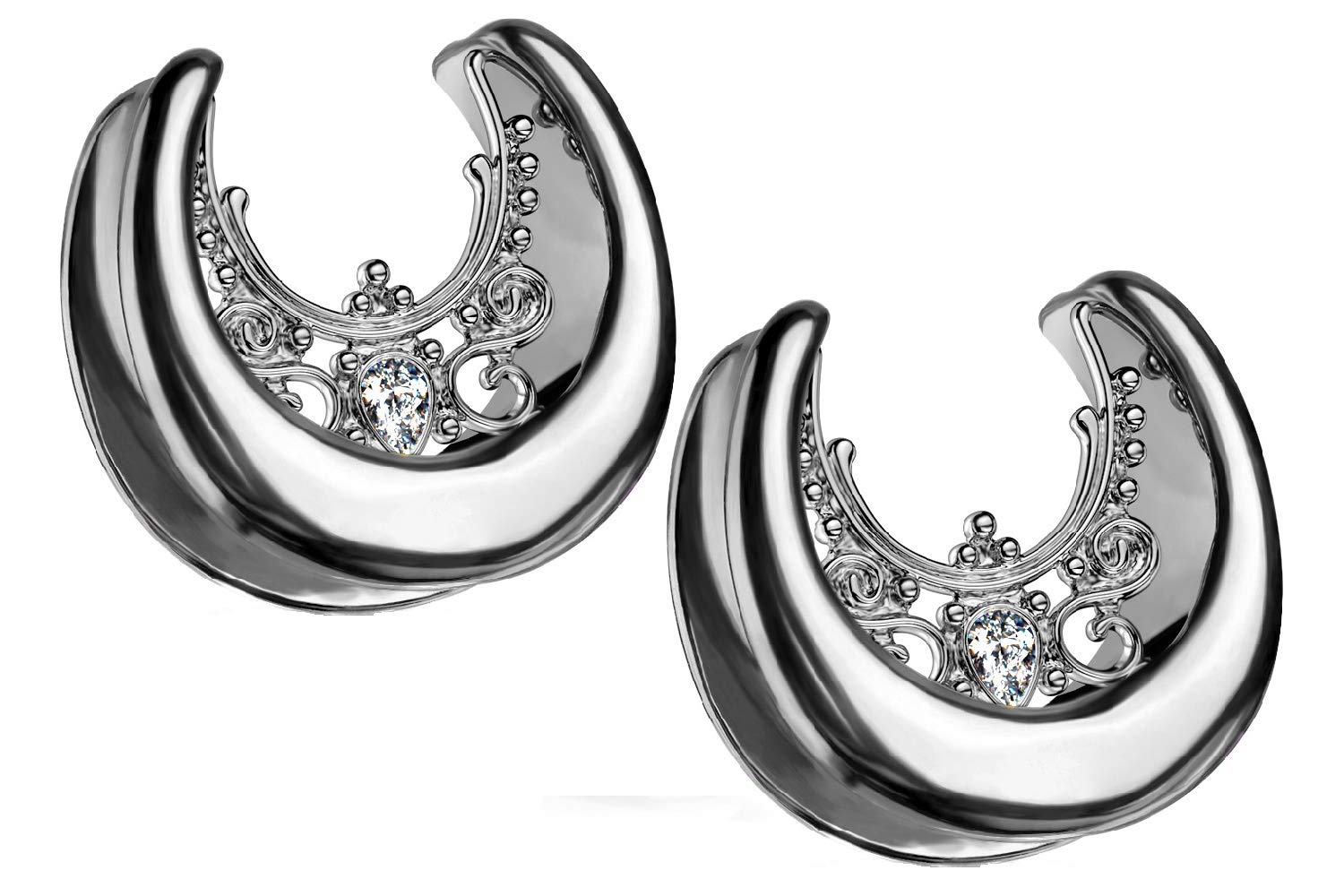 Pierced Owl Silver Tone Floral Filigree Crystal Center Saddle Spreader Ear Gauges in 316L Stainless Steel, Sold as A Pair (12mm (1/2"))